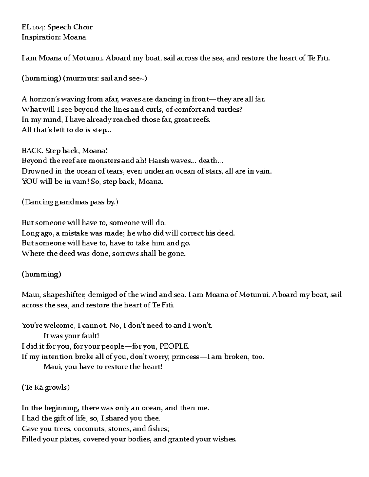 Moana - script. theathre arts - EL 104: Speech Choir Inspiration: Moana ...