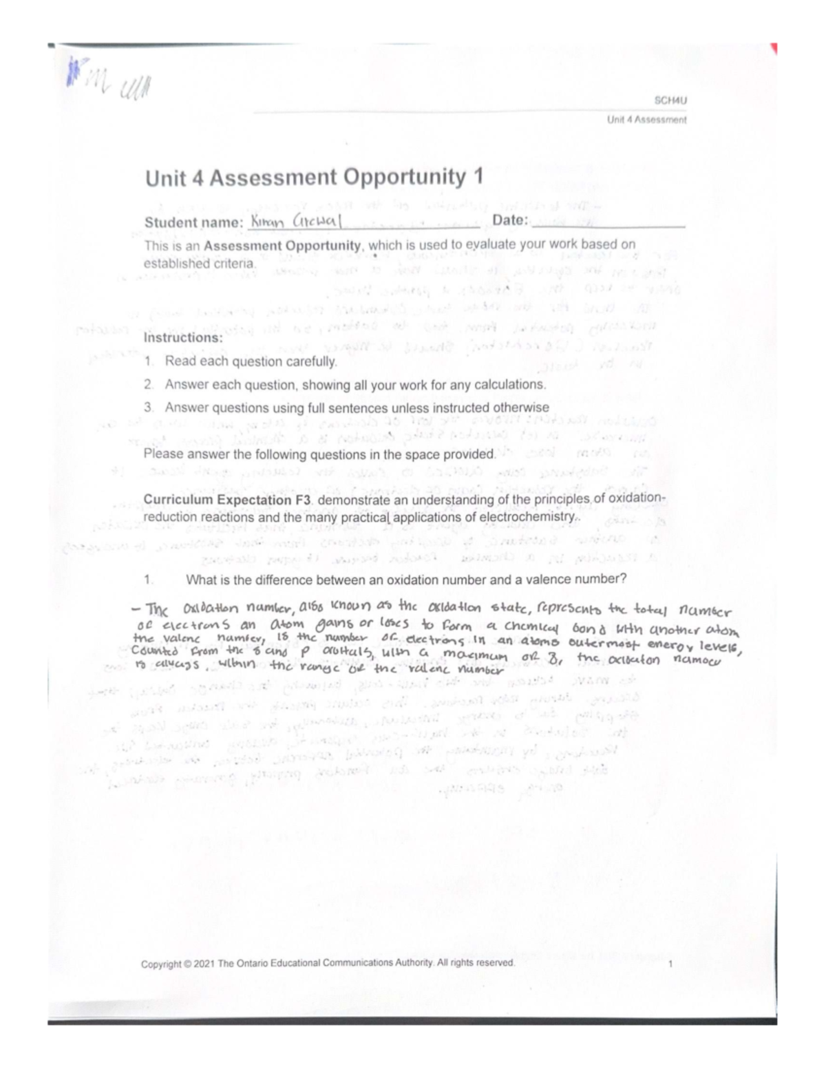 SCH4U Unit 4 Assessment Practice Test on Electrochemistry Concepts ...