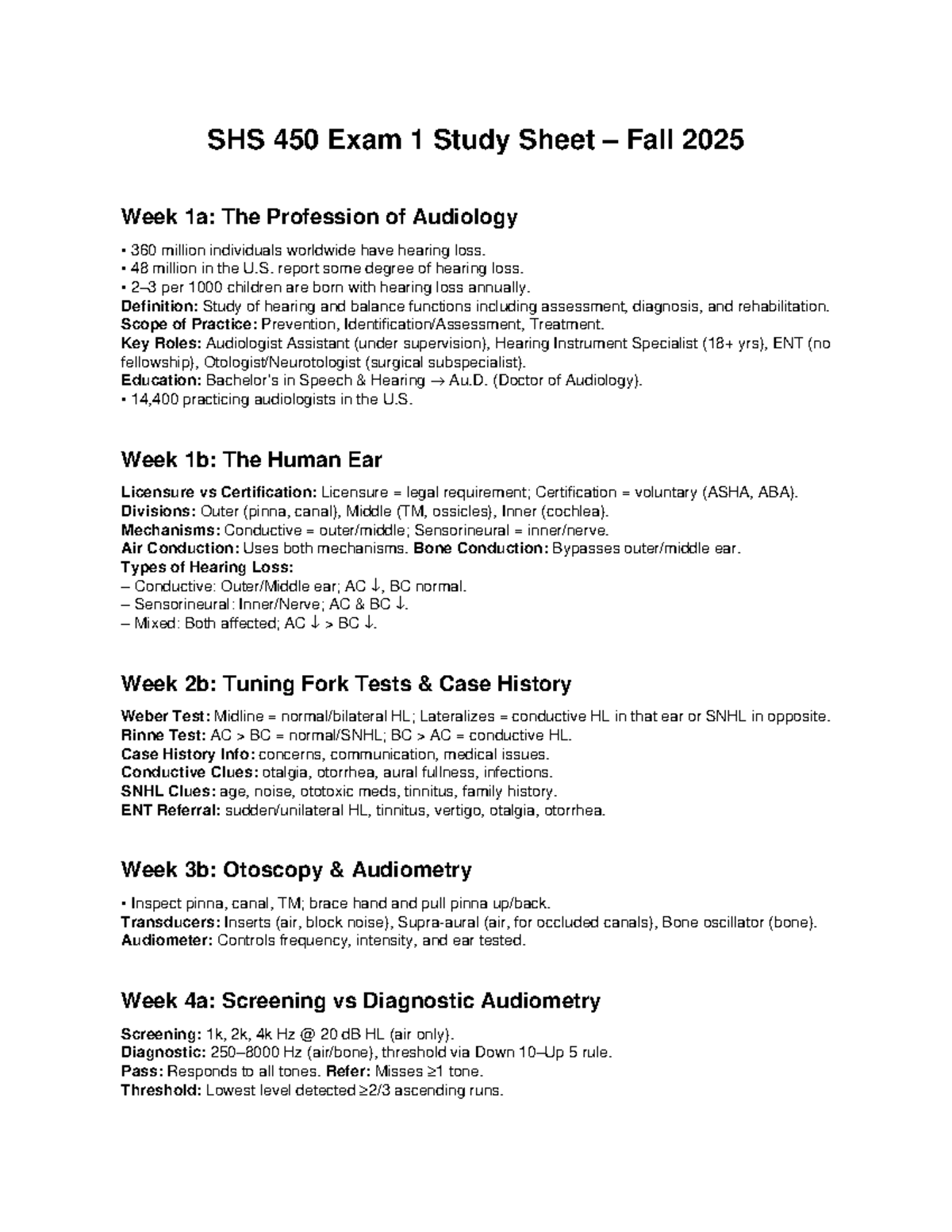 SHS 450 Exam 1 Study Sheet – Audiology Fundamentals Fall 2025 - Studocu