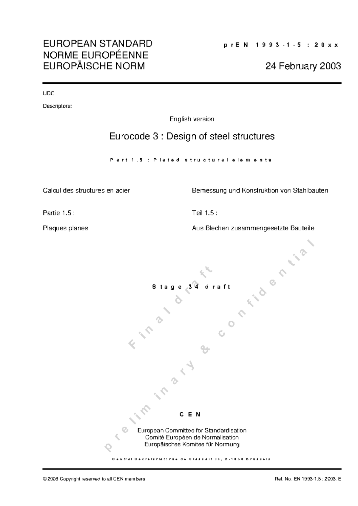 EN 1993-1-5: Design of Steel Structures - Plate Buckling and Shear Lag ...
