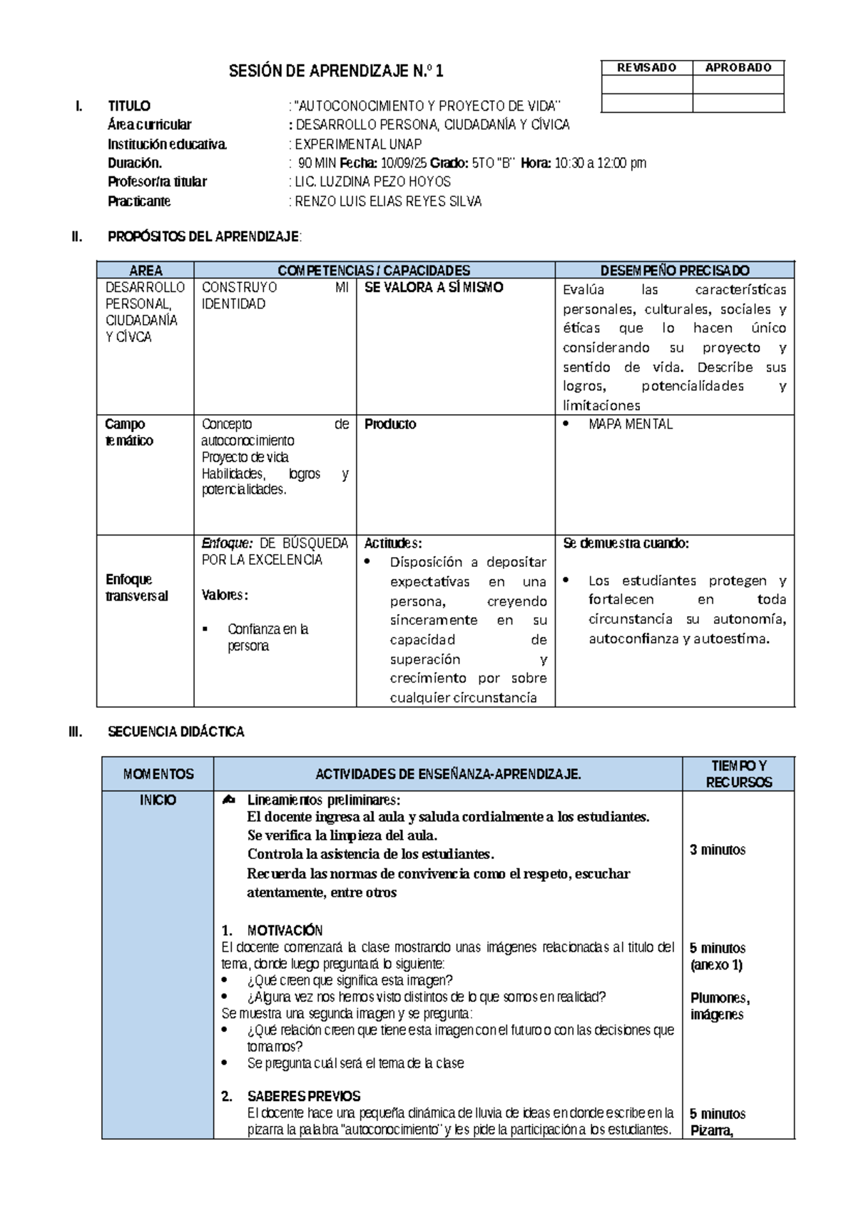 SESION DE APRENDIZAJE N.º 1: CONOCIÉNDOME PARA MI PROYECTO DE VIDA - Studocu