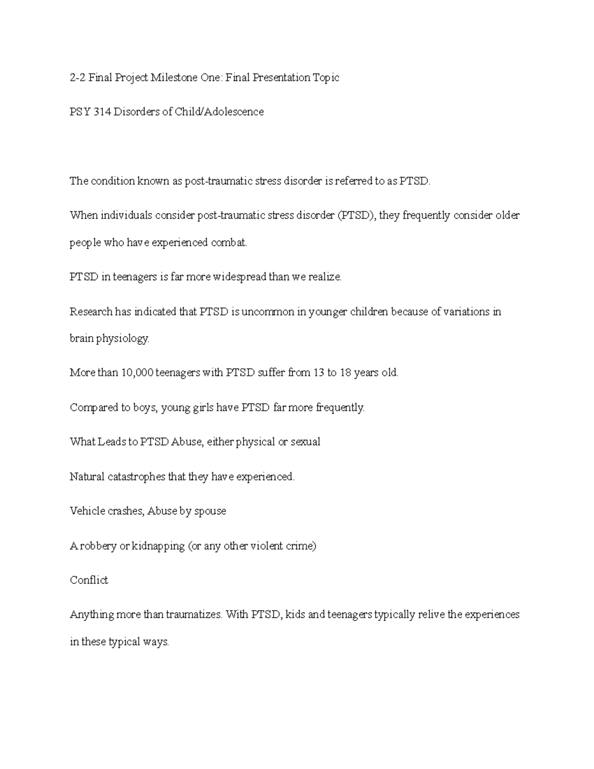 PSY 314 Final Project Milestone One: Understanding PTSD in Teens - Studocu