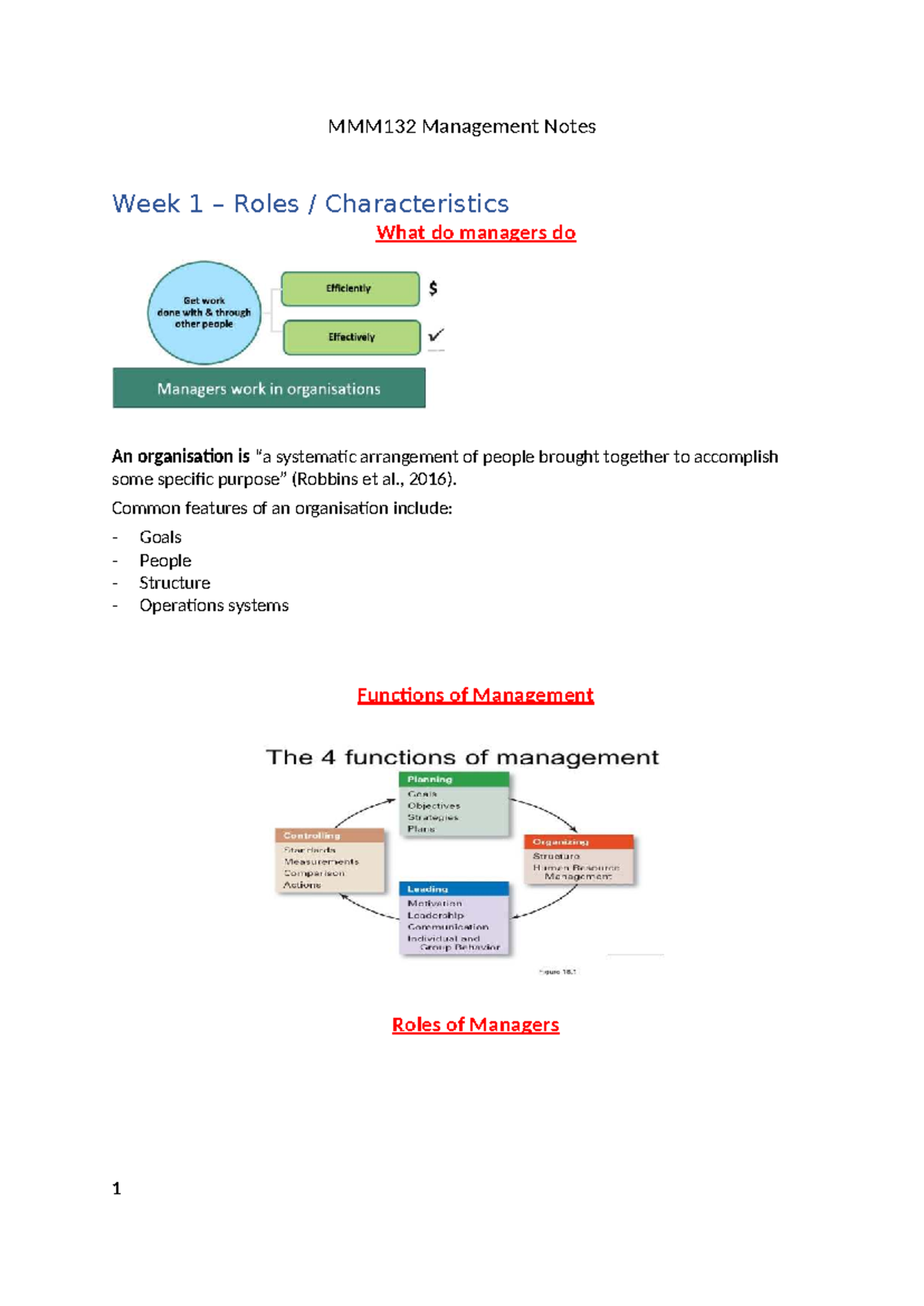 MMM132 Management Notes: Week 1 Overview of Roles and Responsibilities ...