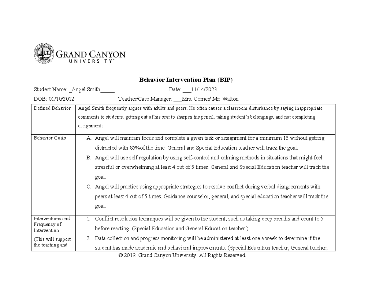 Angel SPD-540-RS Behavior Intervention Plan (BIP) Overview - Studocu