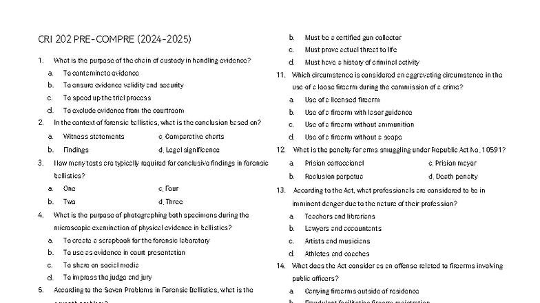 CRI 202 Ballistics Pre-Comprehensive Exam Study Guide - Studocu
