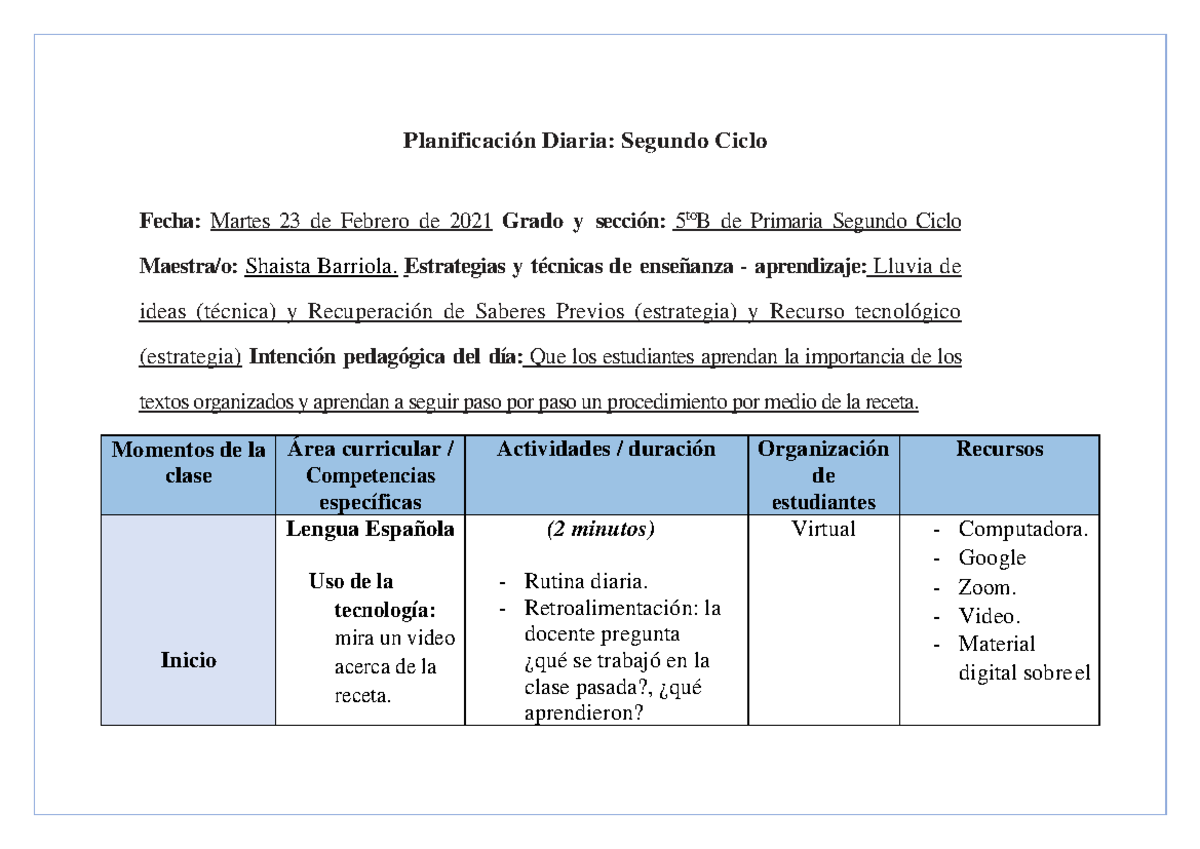 Planificación Diaria: Clase de Lengua Española en 5toB - Receta - Studocu