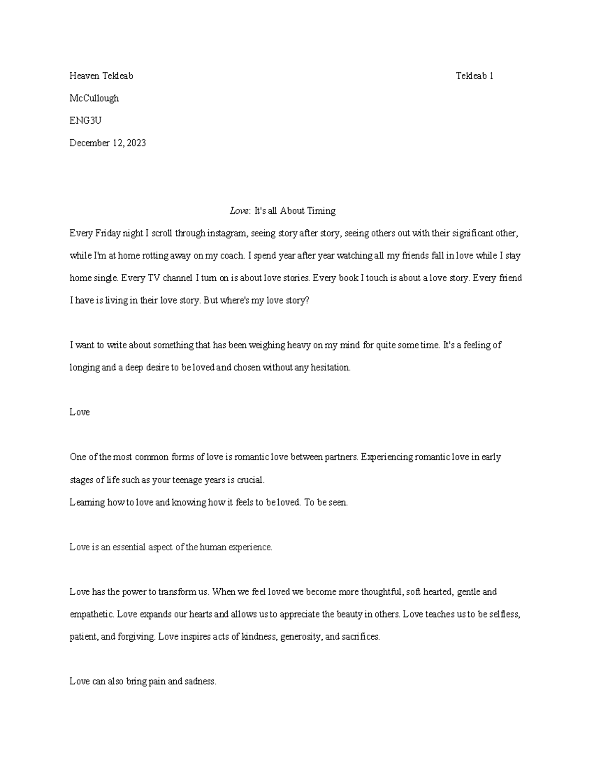 ENG3U Essay: Love - The Impact of Timing and Connection - Studocu