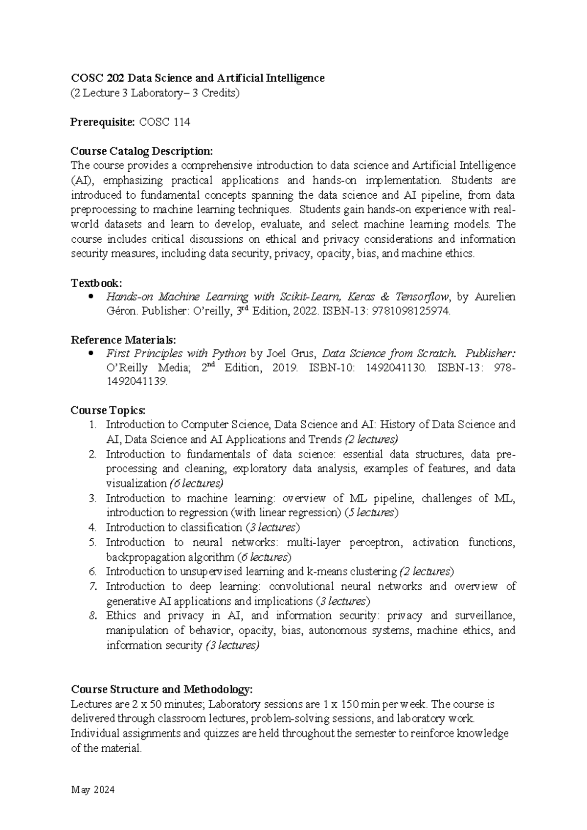 COSC 202 Data Science & AI: Comprehensive Course Syllabus - Studocu