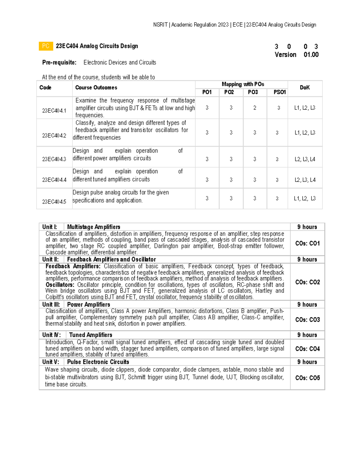 NSRIT 2023 ECE 23EC404 Analog Circuits Design Syllabus Overview - Studocu