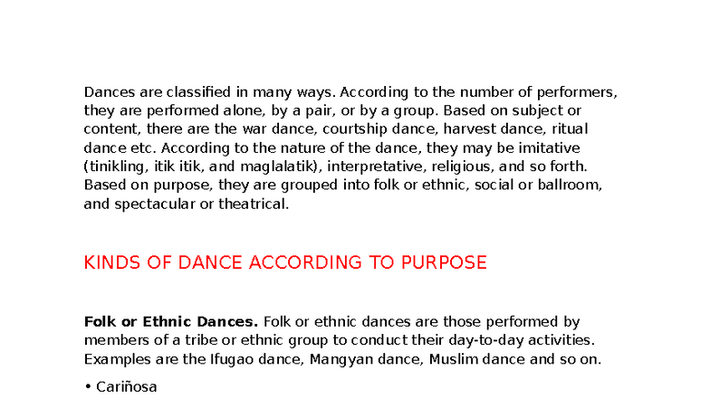 KINDS OF DANCE: Classification by Performers & Purpose - Studocu