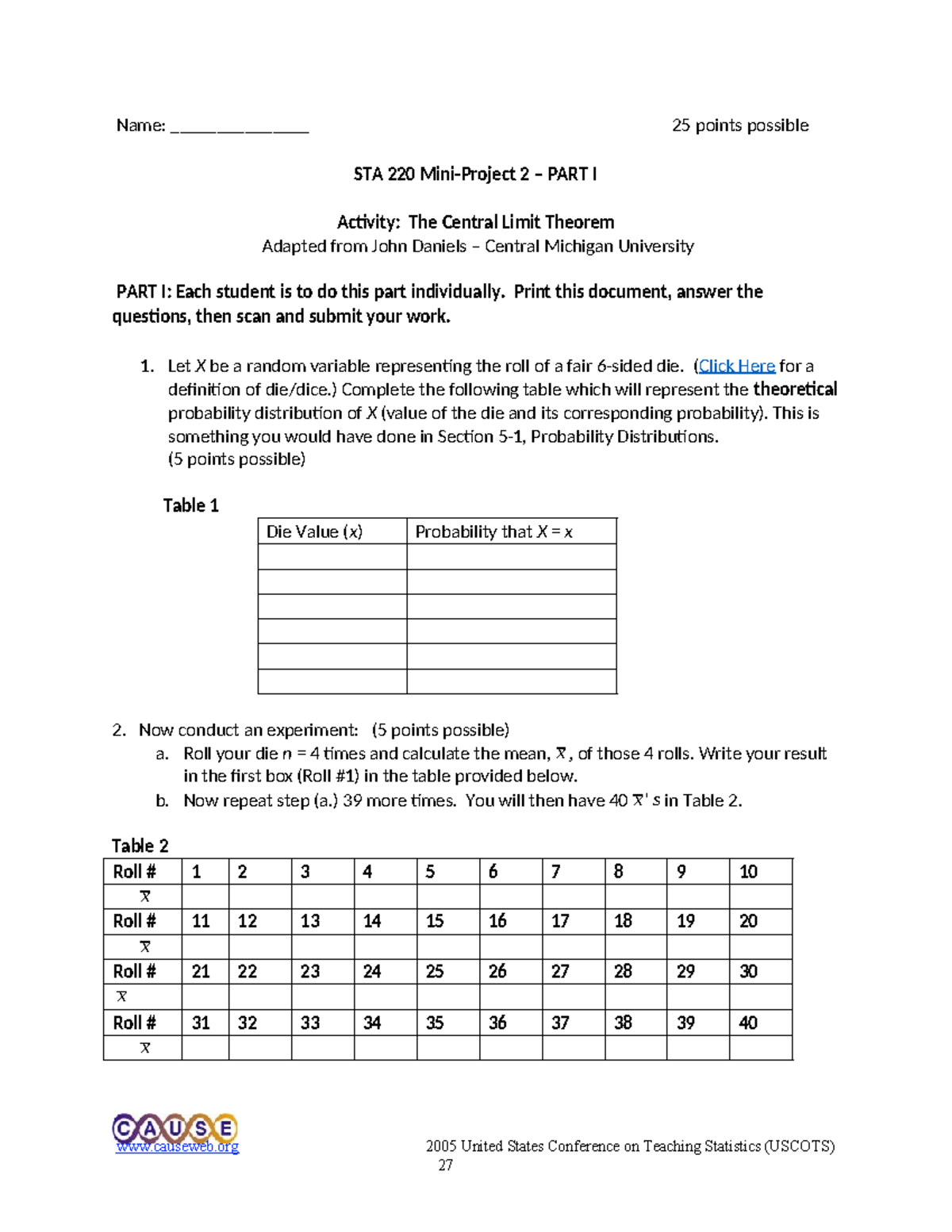 STA 220 Mini-Project 2 Part 1: Central Limit Theorem Activity - Studocu
