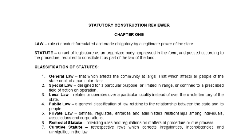 Law 1L Reviewer: Statutory Construction Insights and Principles - Studocu