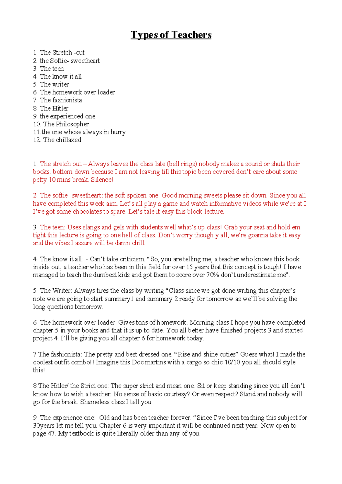 **"Types of Teachers Skit Script - Teacher's Day Final Show"** - Studocu