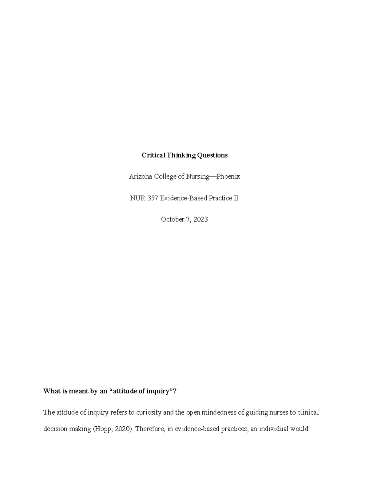 Critical Thinking Questions II - Critical Thinking Questions Arizona ...