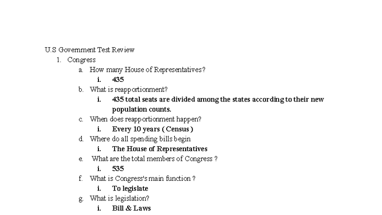 U.S. Government Test Review: Key Concepts on Congress and Legislation ...