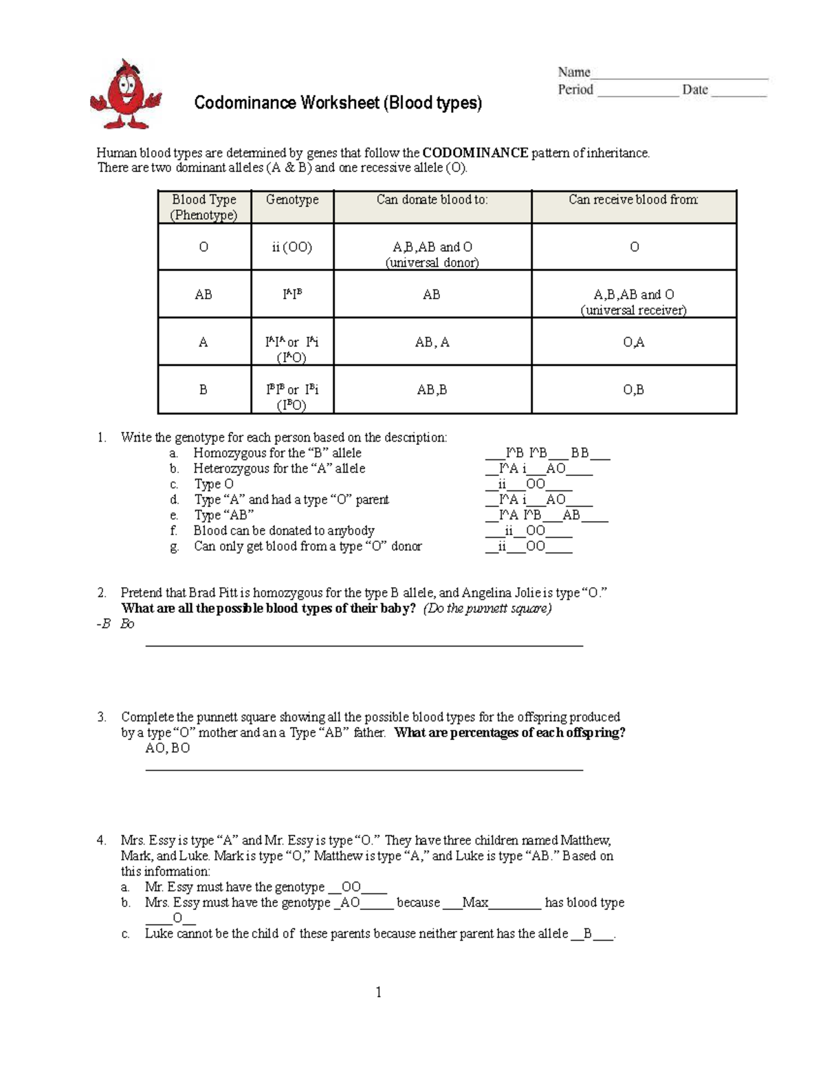 Copy of Blood Type Punnett Square - Codominance Worksheet (Blood types ...