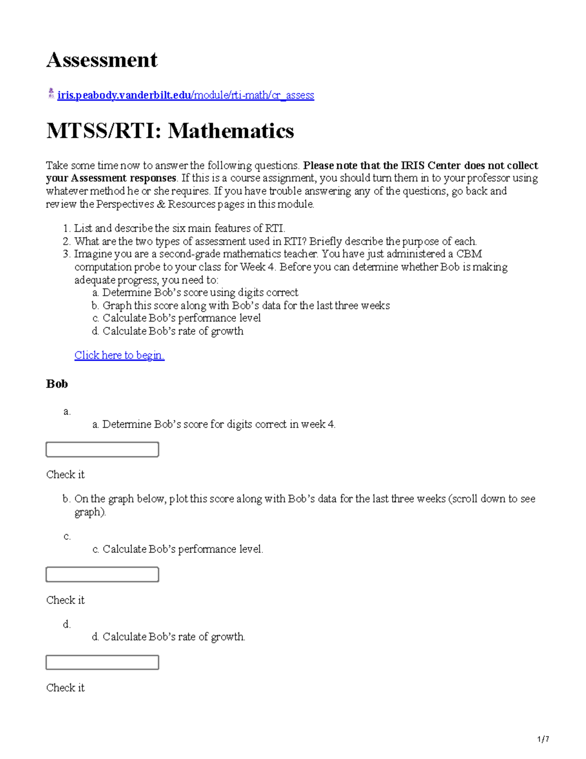Mathematics Assessment RTI Features & CBM Analysis (Course Code: IRIS ...