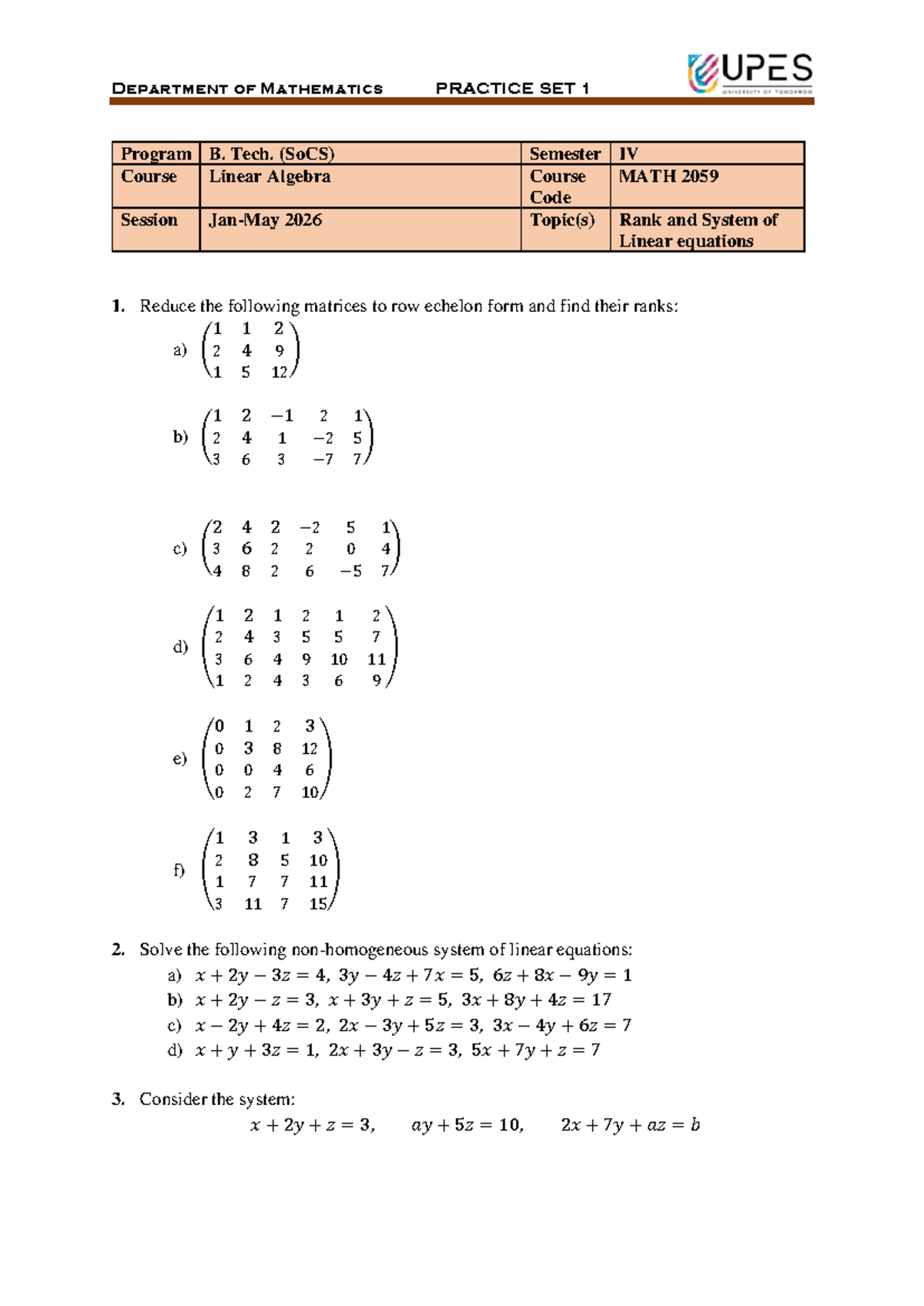 MATH 2059 Practice Set 1: Rank & Systems of Linear Equations - Studocu