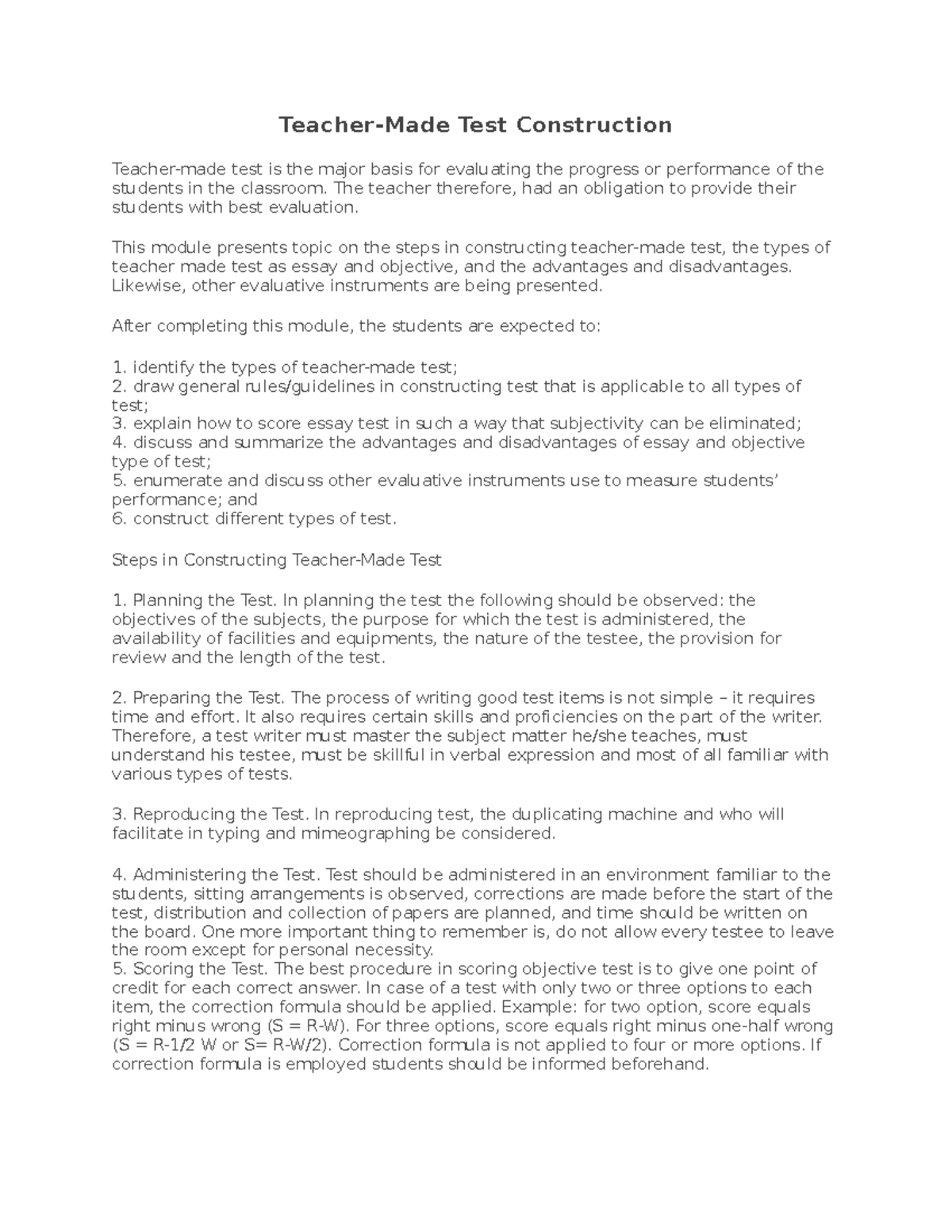 Teacher-Made Test Construction: Guidelines & Evaluation Methods - Studocu