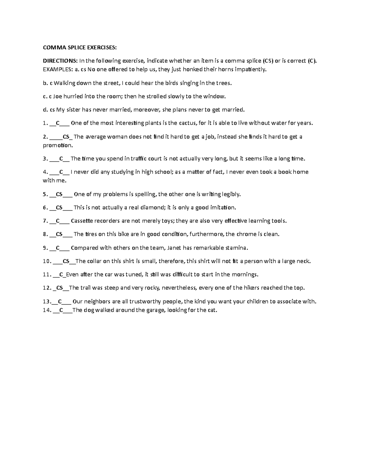 Comma Splice Exercises for Practice - Studocu