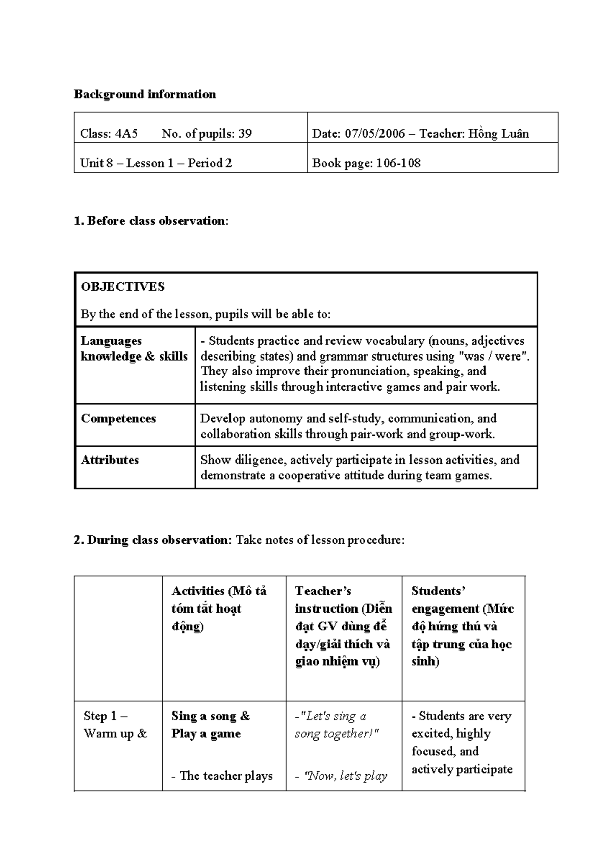 Unit 8 Lesson 1 Overview for Class 4A5: Teaching Strategies and ...