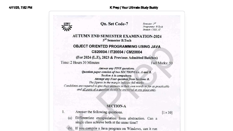 End Semester Exam Qn. Set: OOP Using Java (CSSE, IT) 3rd Sem - Studocu