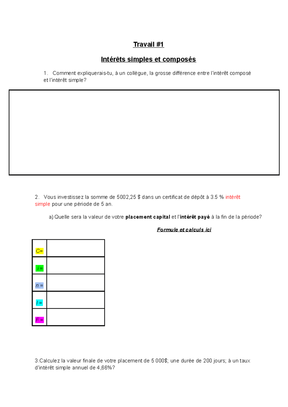Travail #1-Intérêt simple et composé[ 2401] - Travail Intérêts simples ...
