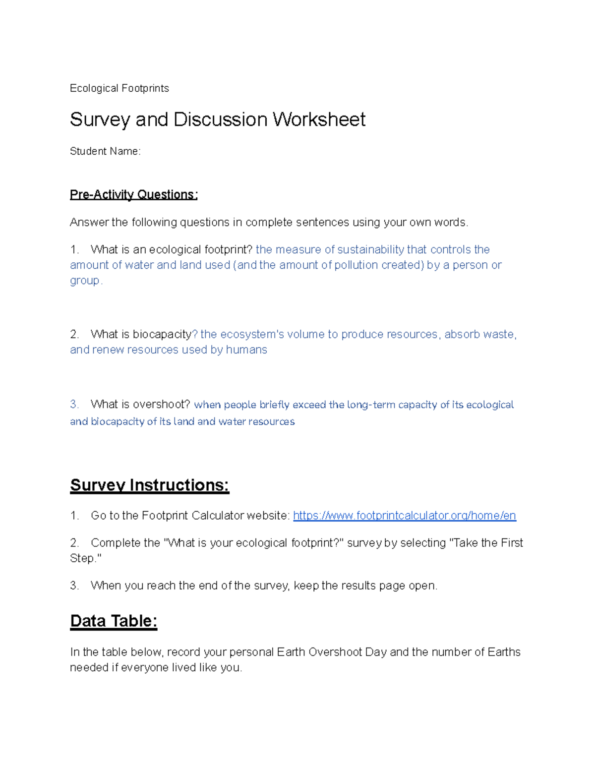 Ecological Footprint Assessment & Reflection Worksheet (ENV 101) - Studocu