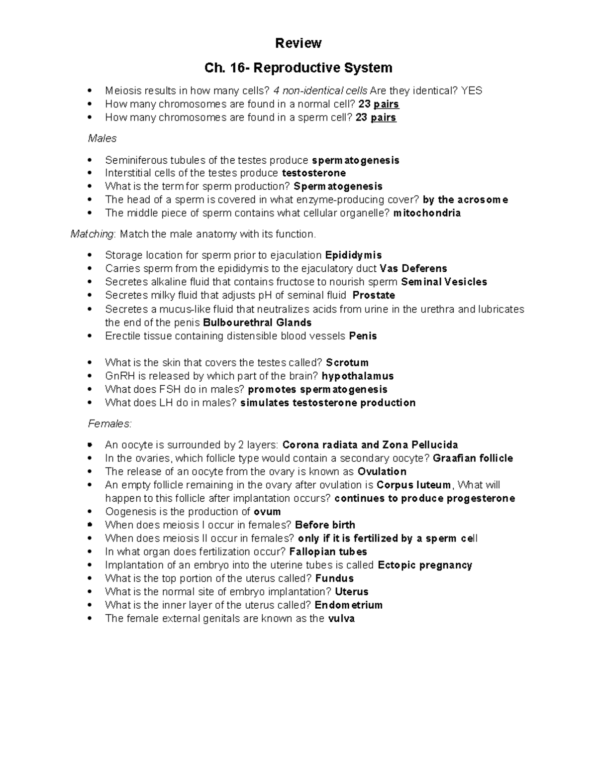 Reproductive System Study Notes for BIO101: Chapter 16 Overview ...