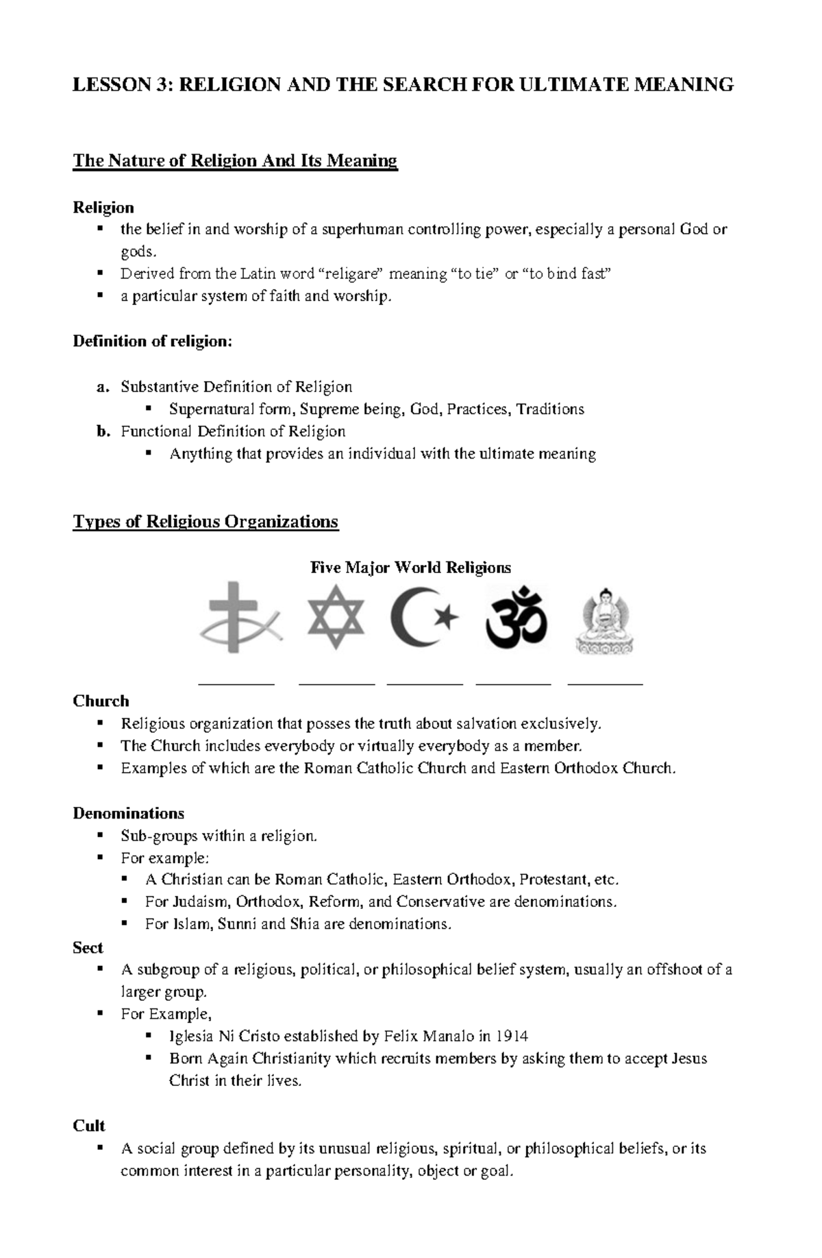 Lesson 3: Religion and Its Ultimate Meaning - UCSP 101 - Studocu