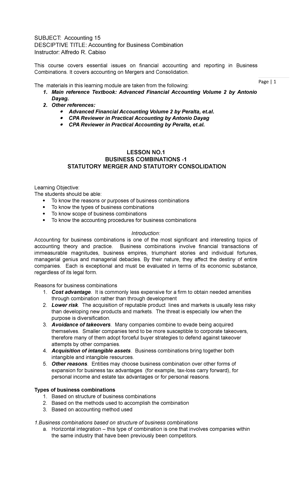 Accounting 15: Business Combinations - Lesson 1 Overview and Key ...