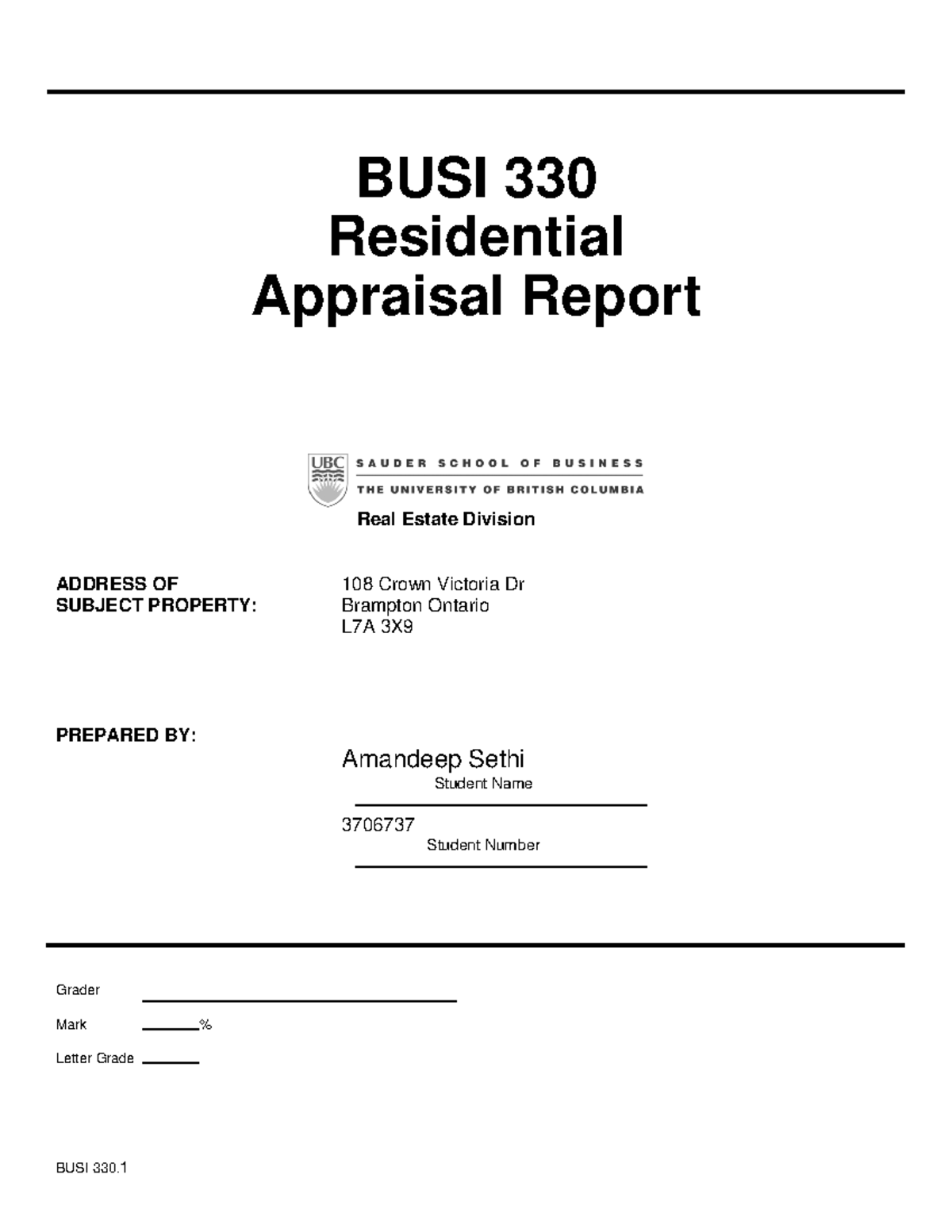 BUSI 330 Residential Appraisal Report: Project No. 2 Analysis - Studocu