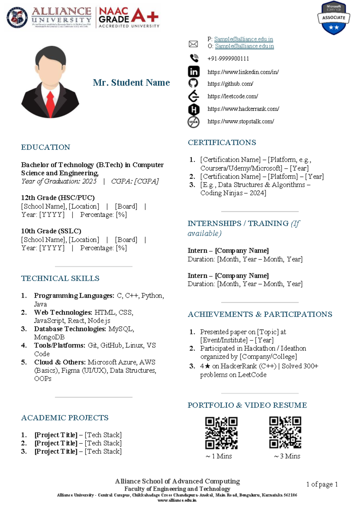 ASAC - Student Resume Template for B.Tech in CSE 2025 - Studocu