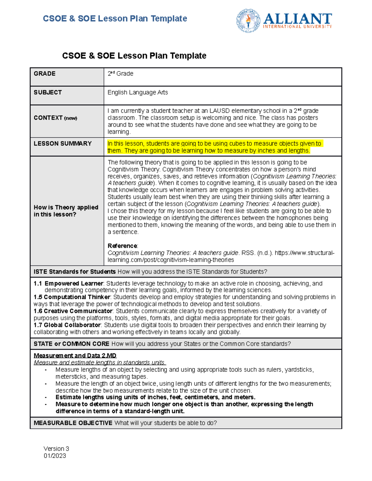 Week 6 lesson plan - CSOE & SOE Lesson Plan Template GRADE 2 nd Grade ...