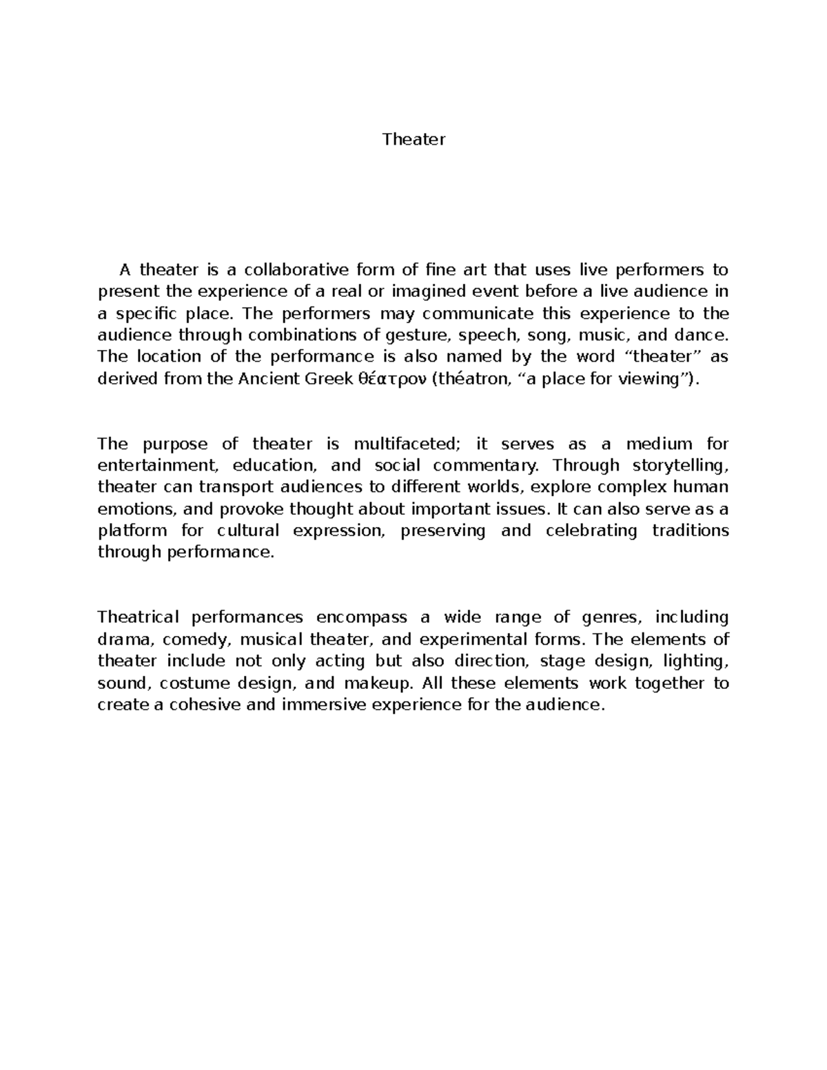 Theater: An Exploration of Performance Art and Its Elements - Studocu