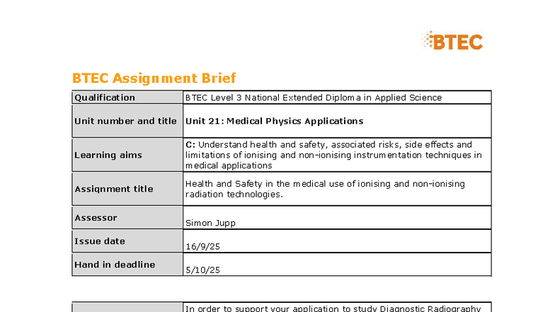 BTEC Level 3 Unit 21 Assignment: Health & Safety in Medical Physics ...