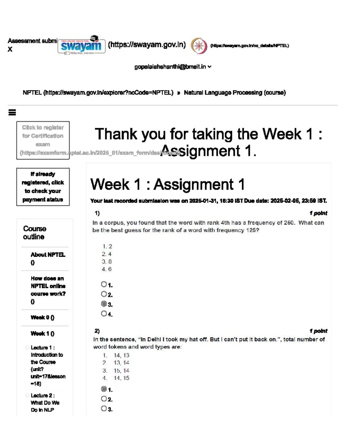 NLP A1 - Notes - Assessment subm 1911 UNINE EDUCATION X swayam ET ...