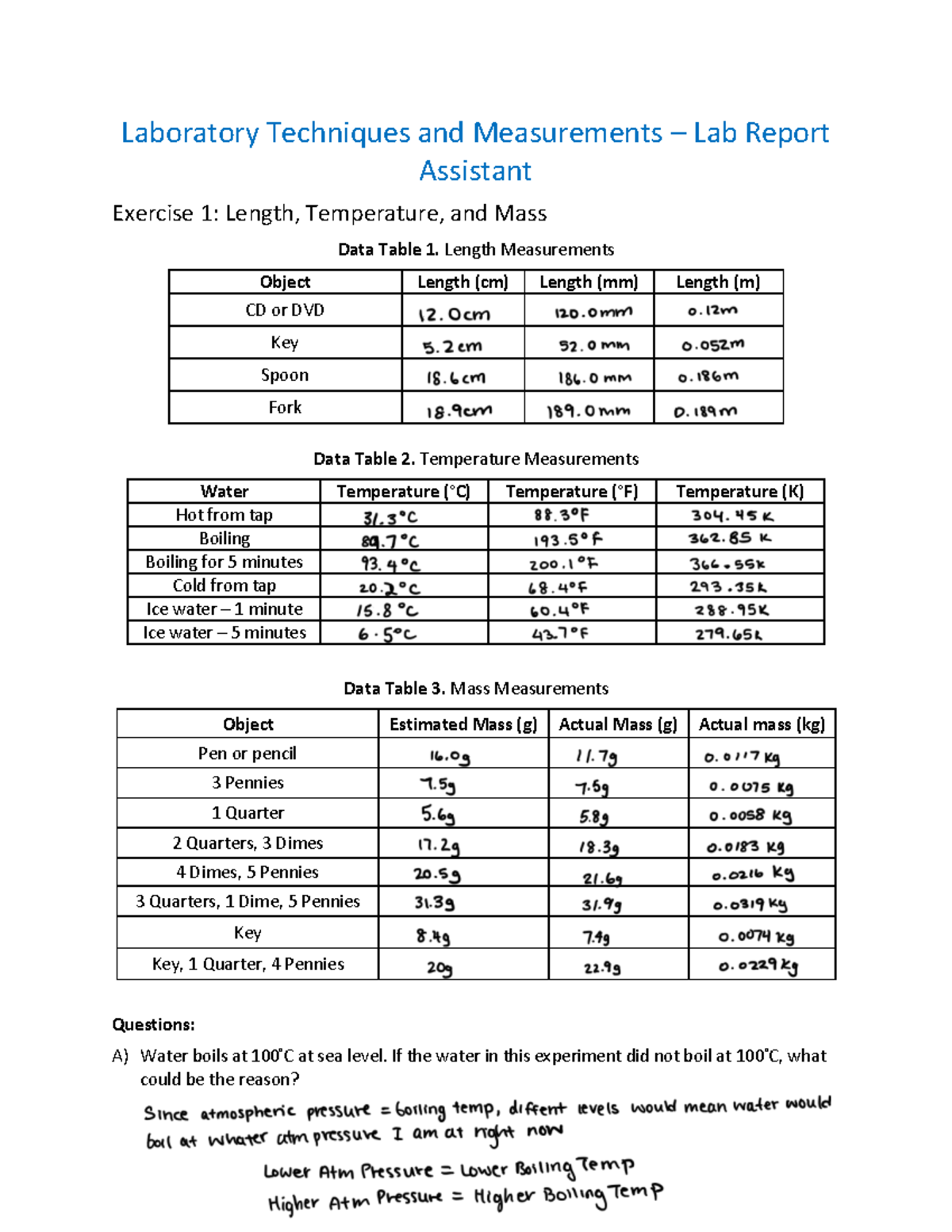 Lab 1: Techniques & Measurements - Length, Temp, Mass Data Analysis ...
