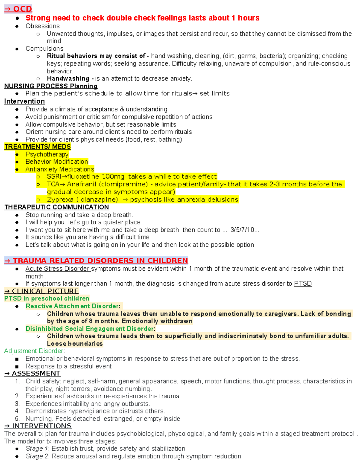 Quiz 5 study guide 222 - → OCD Strong need to check double check ...