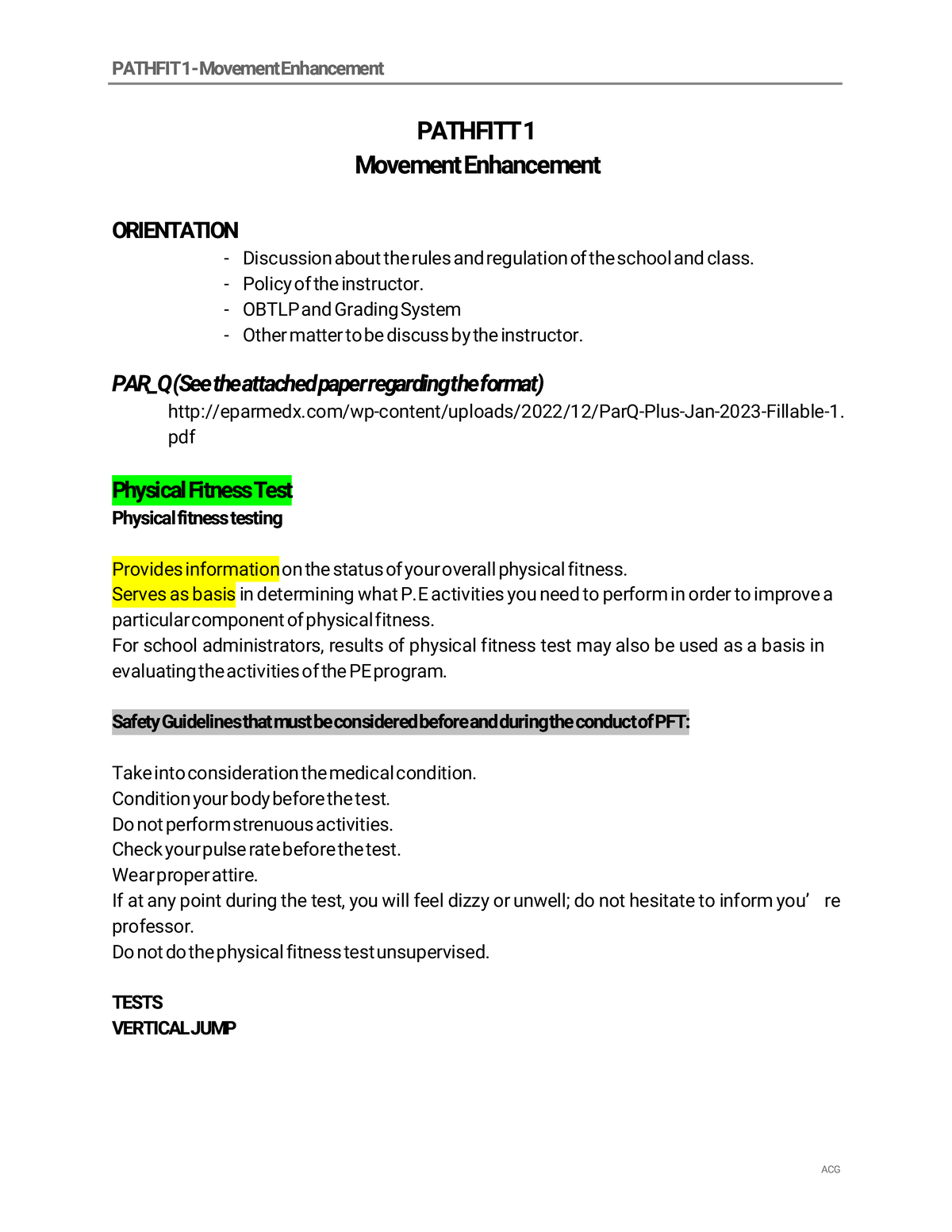 FITT 1 2023 Revised Handouts: Physical Fitness Testing & Guidelines ...