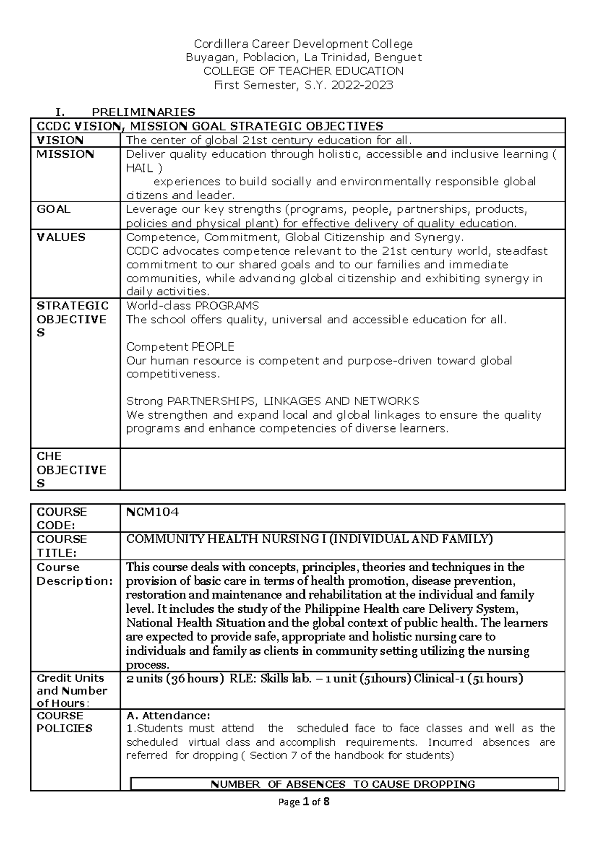 NCM 104 Course Outline - Asd - Cordillera Career Development College ...