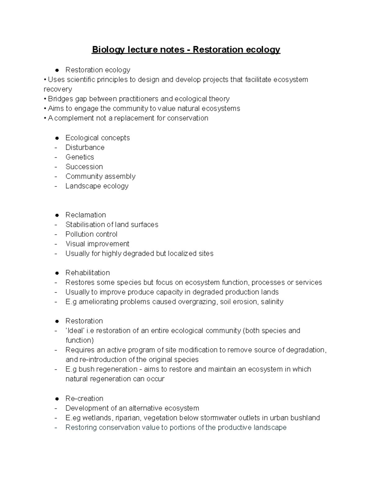 Biology lecture notes - Restoration ecology - those invaded by exotic ...