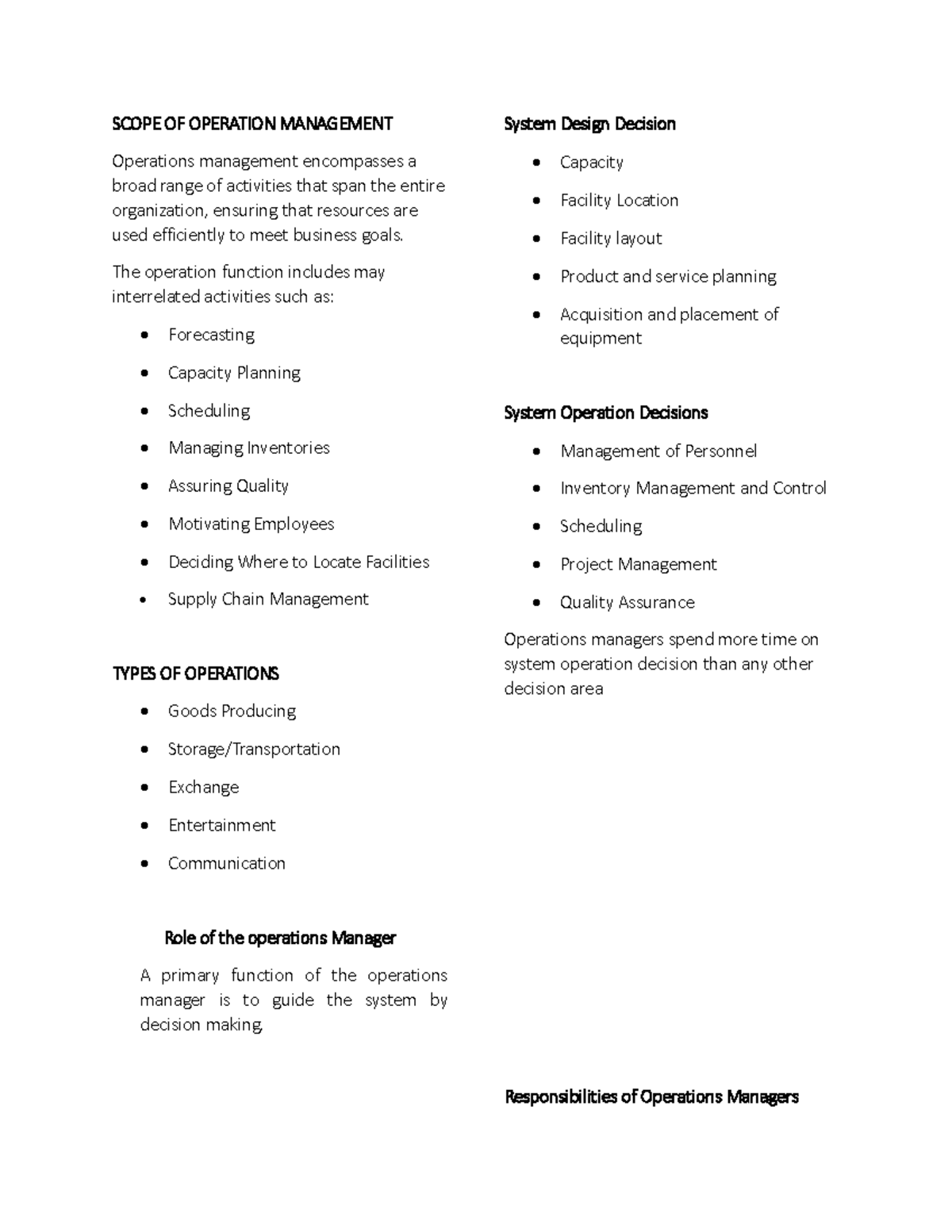 Introduction to OM Report Summary - OM 101: Operations Management Overview - Studocu