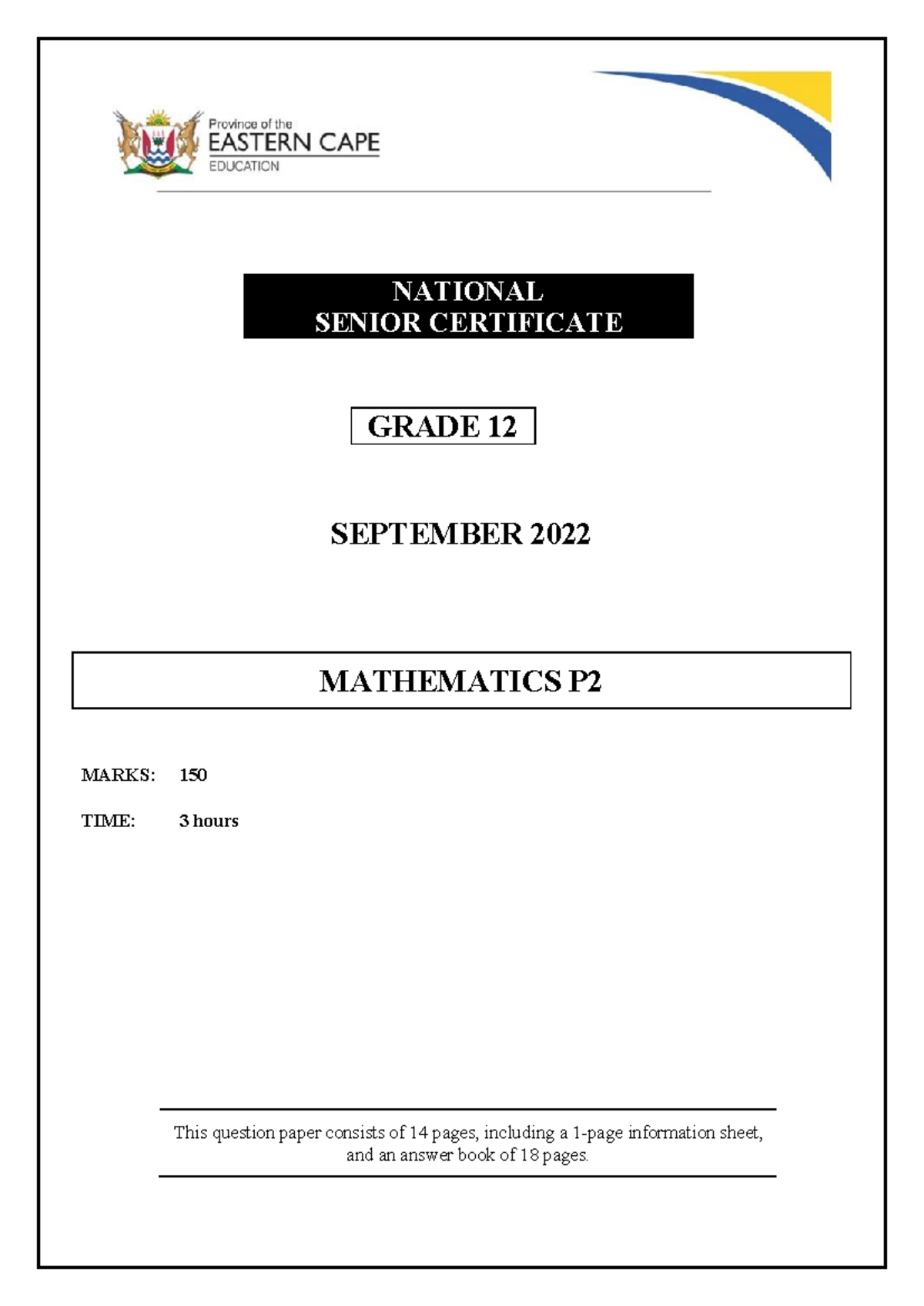 Maths P2 Grade 12 September 2022 Question Paper with 150 Marks - Studocu