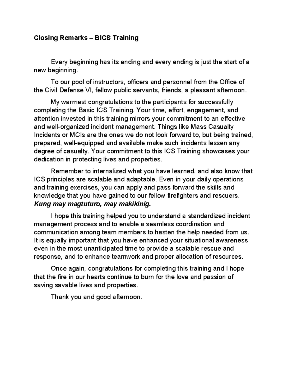 Closing Remarks - BICS Training Completion and Reflections - Studocu