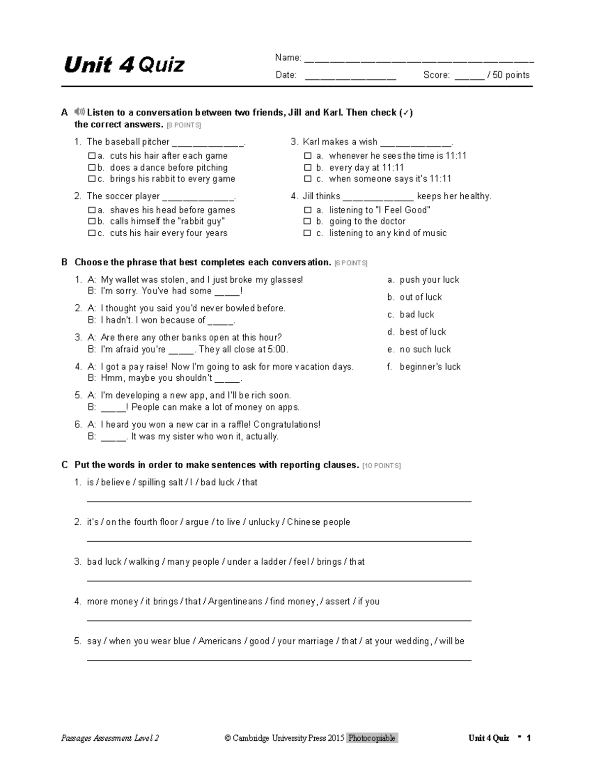 PAS3e L2 Unit 4 - Passages 3rd Edition Quiz on Conversations and Luck ...