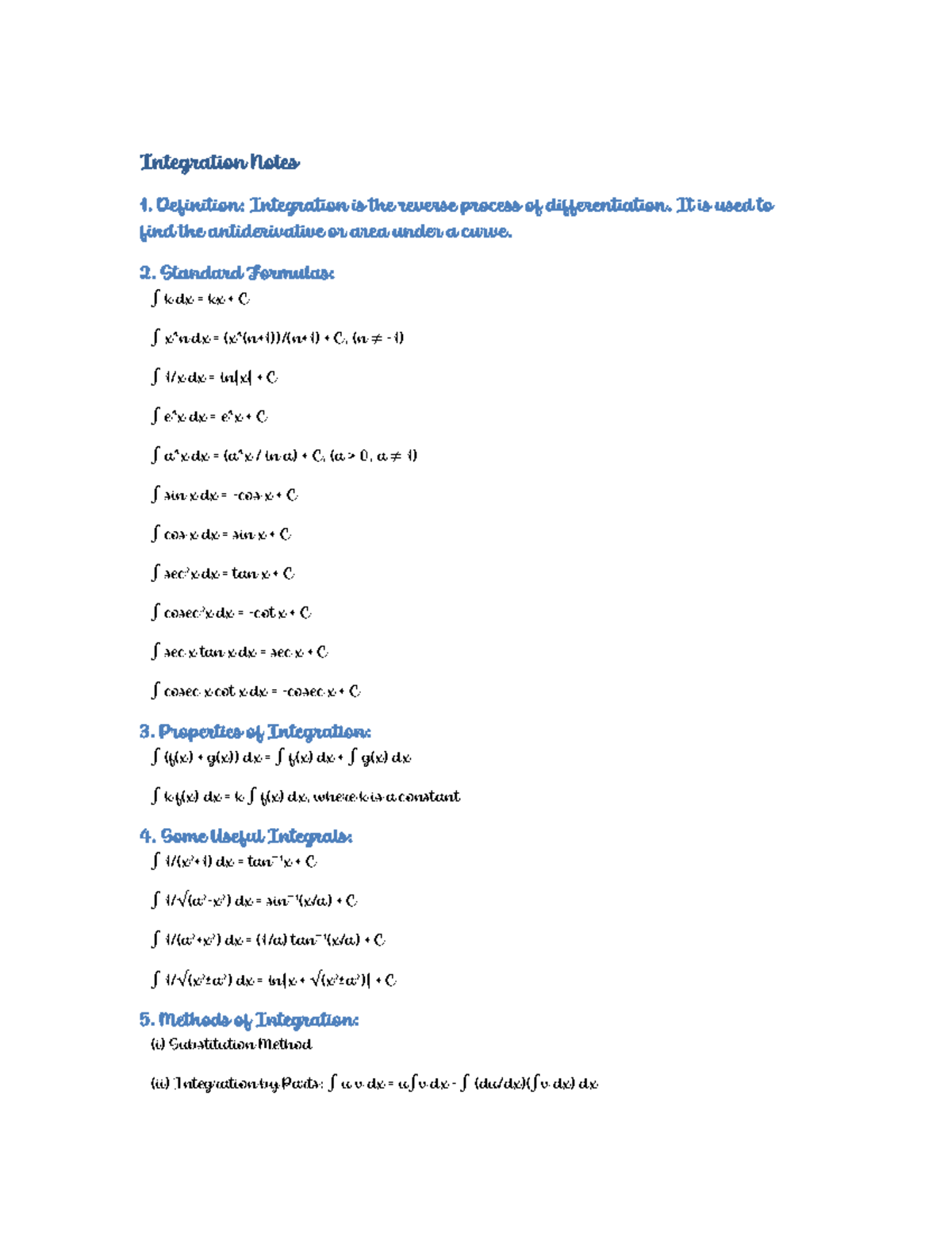 Integration Notes: Key Concepts and Formulas - Studocu