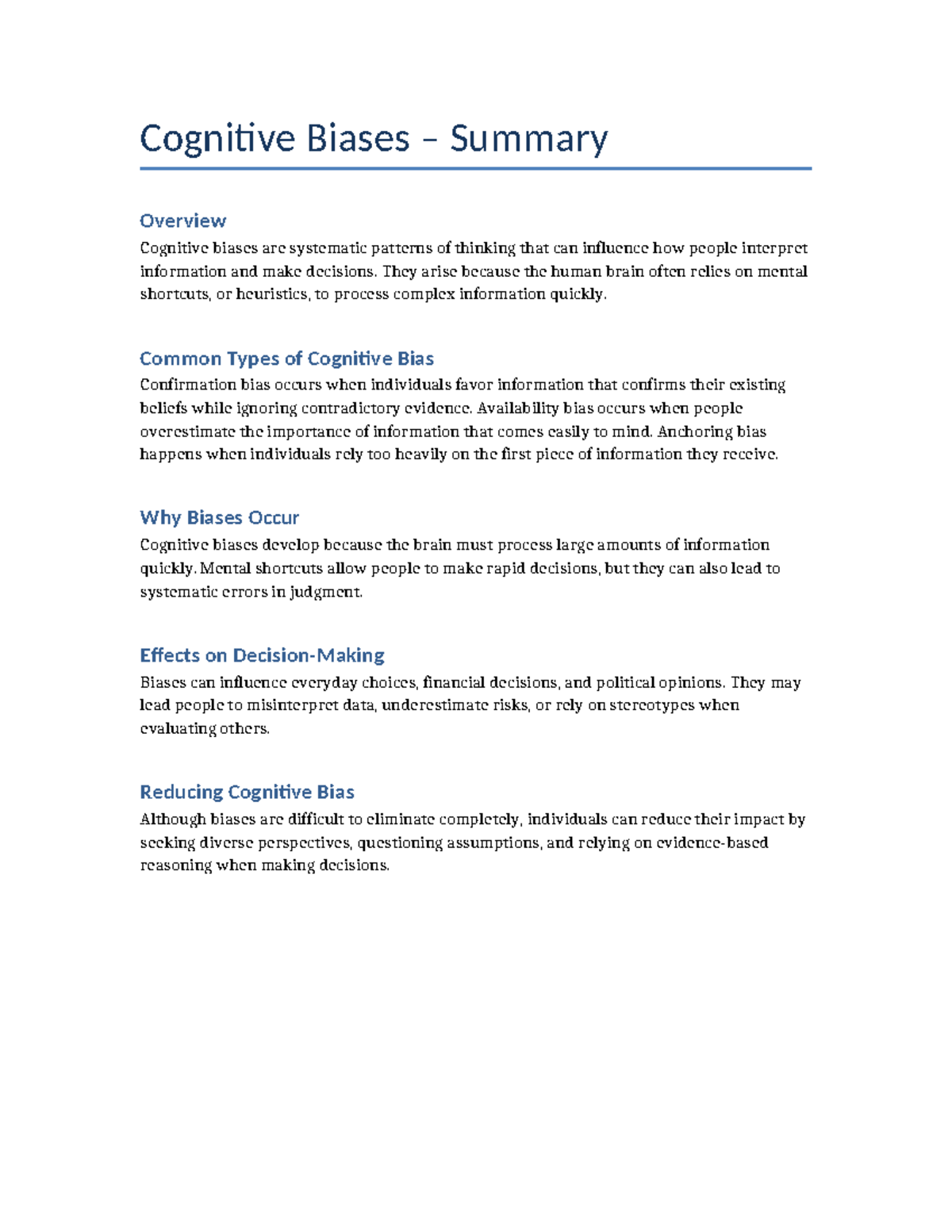 Cognitive Biases Overview: Key Types and Effects Summary - Studocu