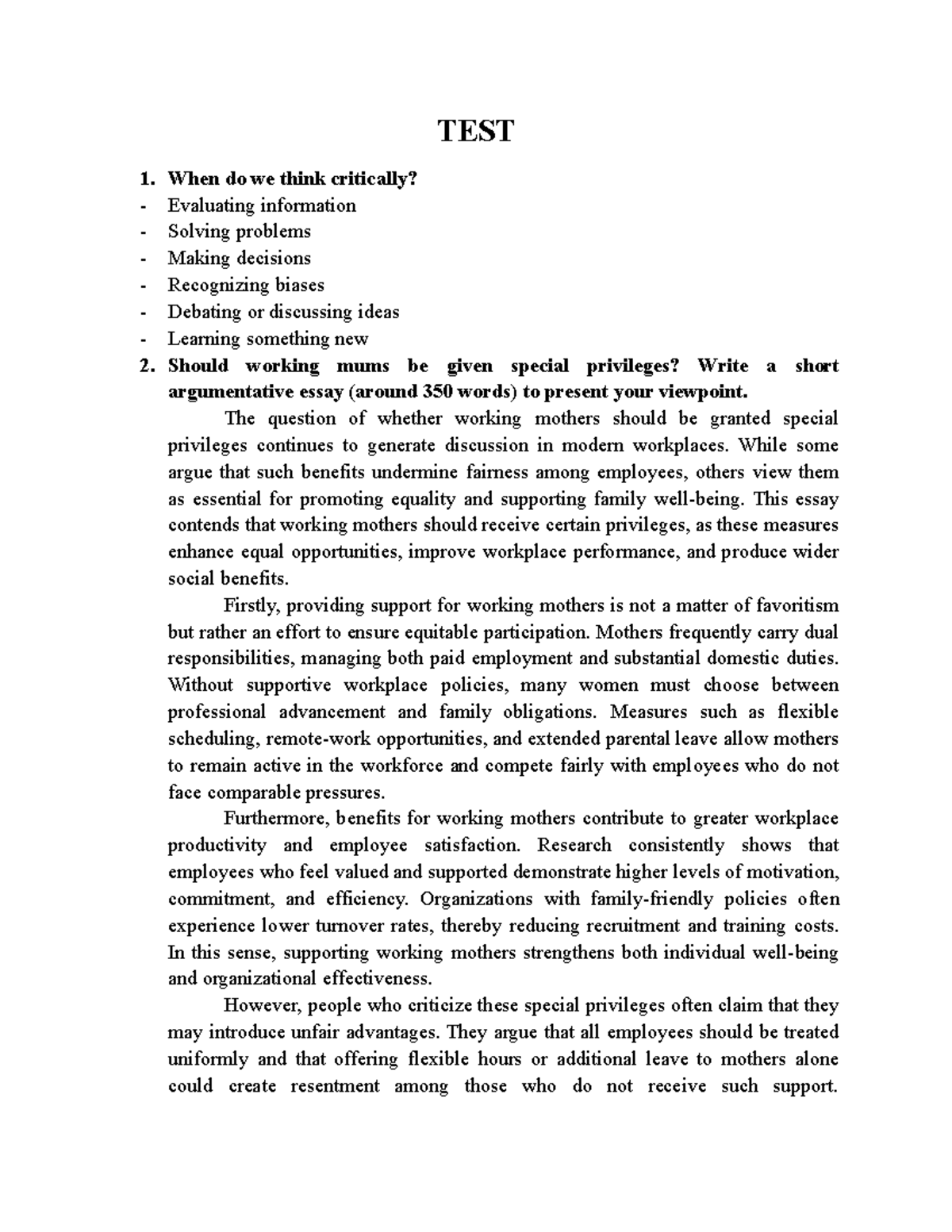 TEST 1: Argumentative Essay on Privileges for Working Mothers - Studocu
