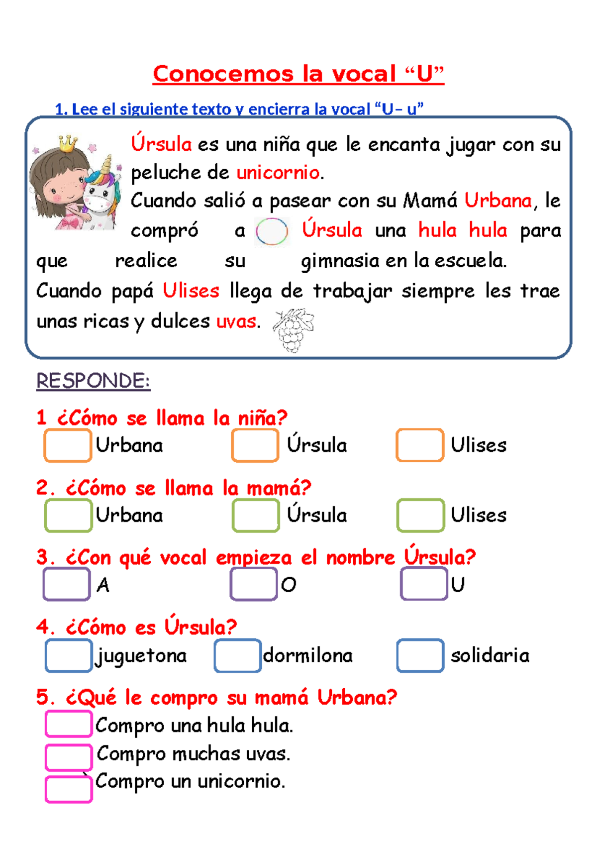 Ejercicios sobre la Vocal U - Conocemos la Vocal 1 - Studocu